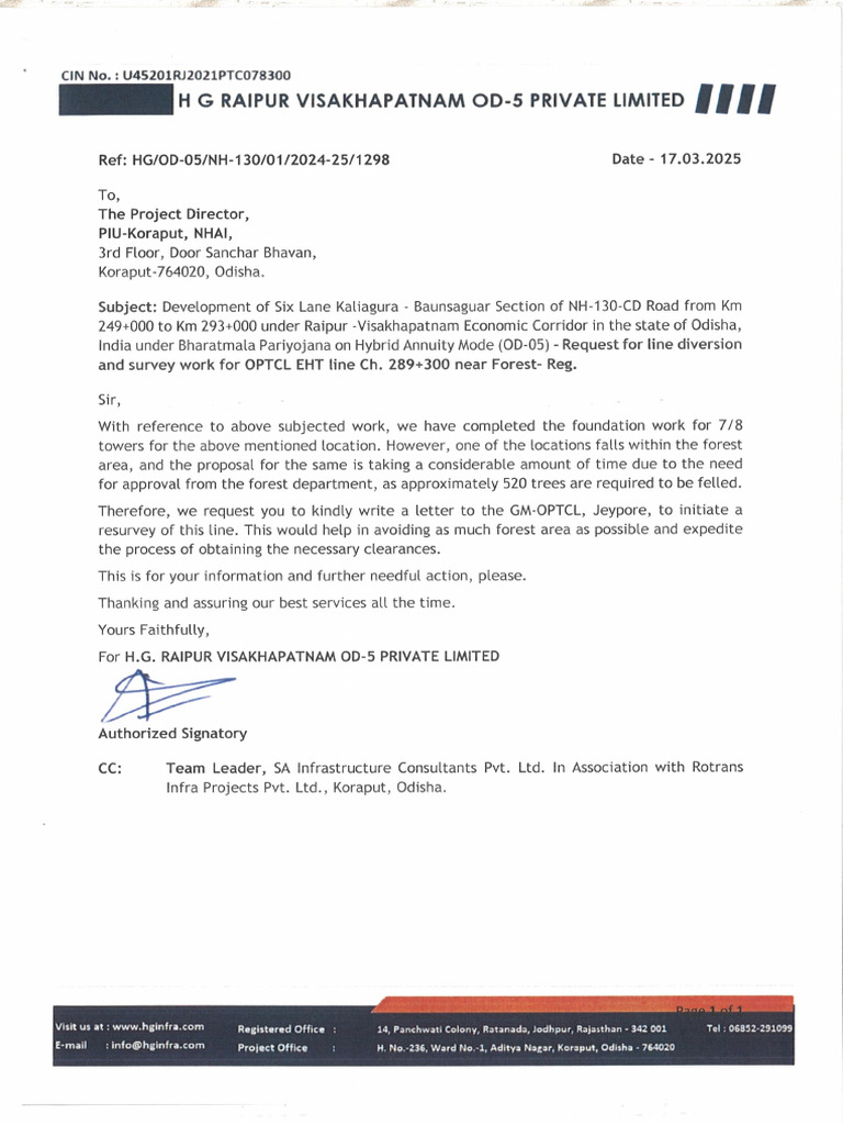 1298 - Request For Line Diversion and Survey Work For OPTCL EHT Line Ch. 289+300 Near Forest | PDF