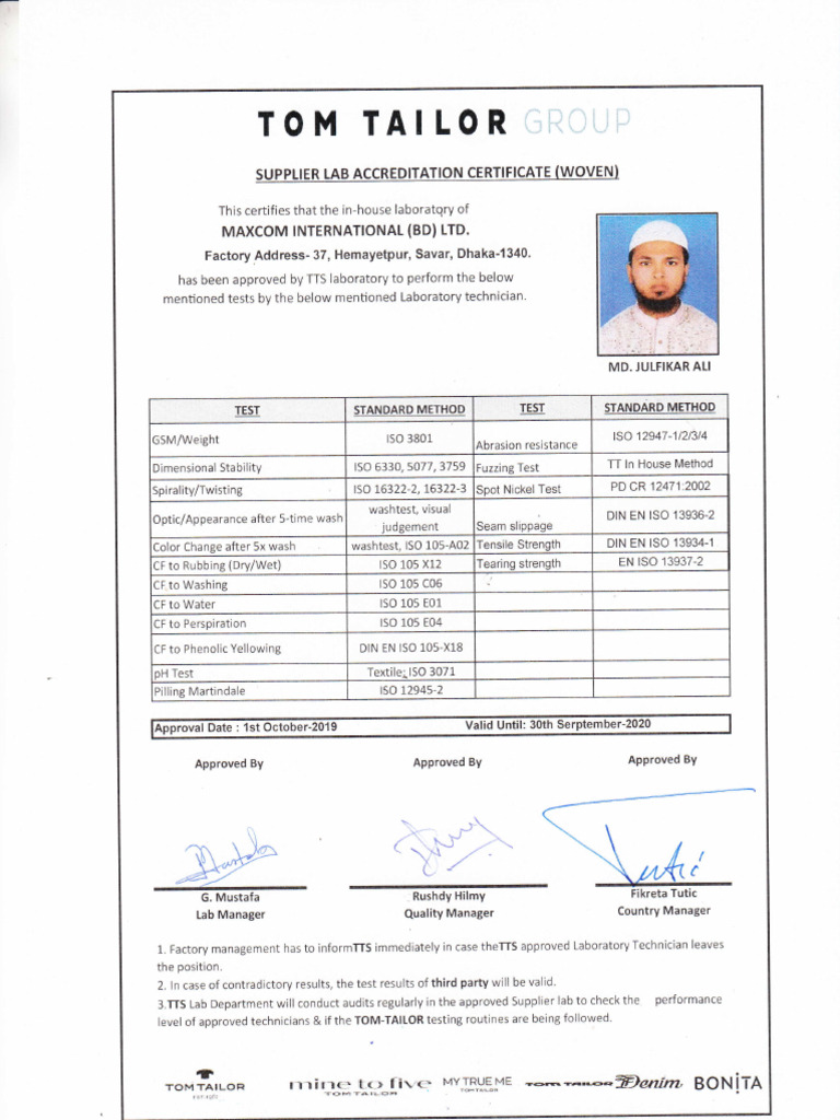 Tom Tailor Buyer Lab Approval Certificate | PDF