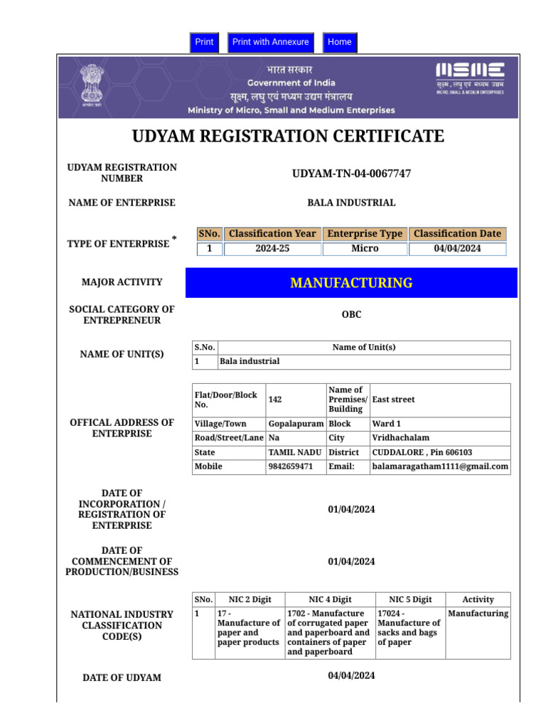 Print - Udyam Registration Certificate | PDF