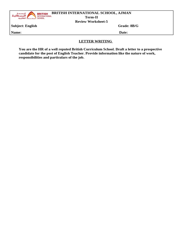 Term 2 - Letter Writing - Review Sheet 4 | PDF