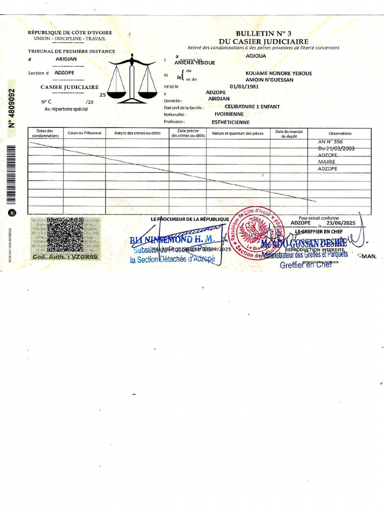 Casier Judiciaire ADJOUA | PDF