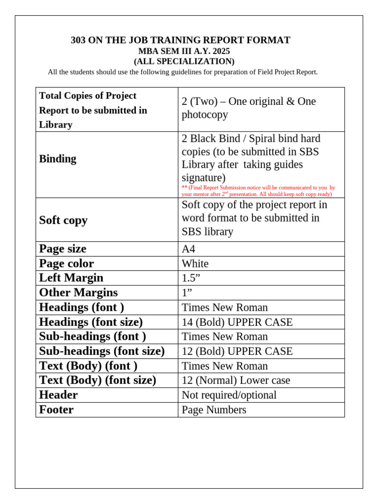 8-7-25 Ojt Report Format Guidelines Mba Sem Iii - Sbs | PDF