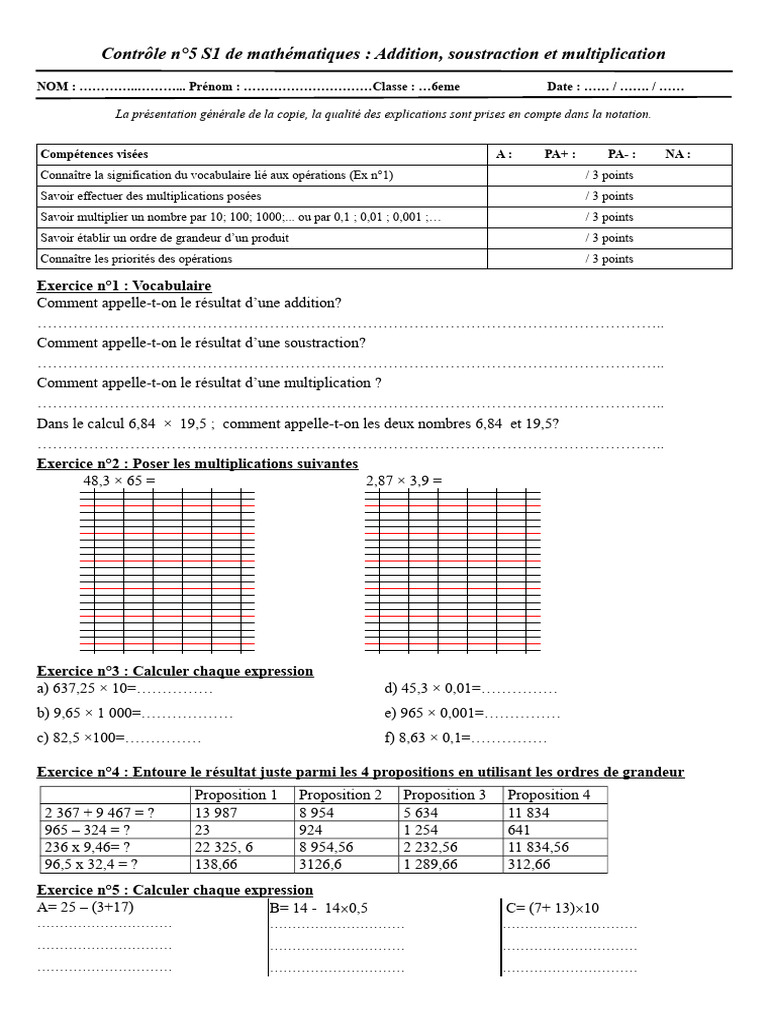 6eme C3 Multiplication Controle | PDF | Multiplication | Communication ...