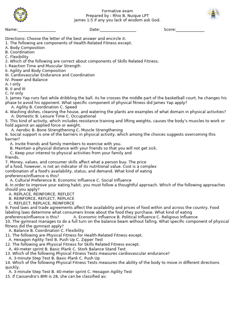 Formative Exam P.E 1 | PDF | Strength Training | Physical Fitness