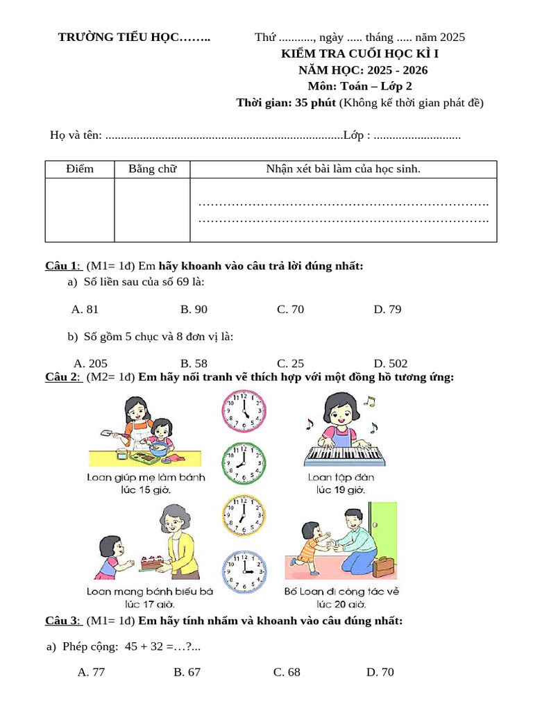 De KT Cuoi HK I Mon Toan Lop 2 NH 2024 2025 | PDF