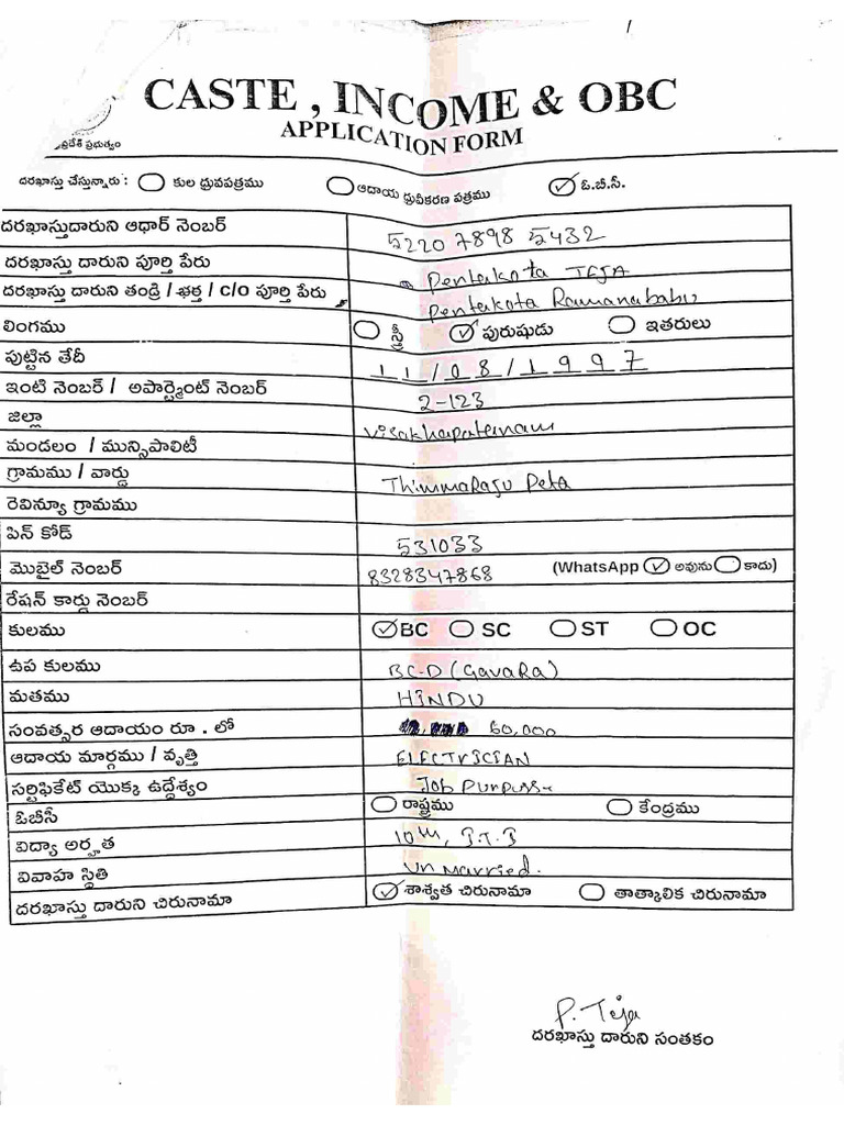 Pentakota Teja Caste | PDF