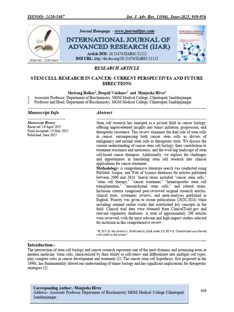 Stem Cell Research in Cancer: Insights & Future | PDF | Hematopoietic ...