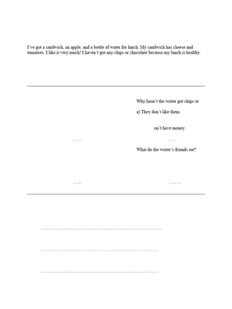 Healthy Lunch Comprehension for Kids | PDF