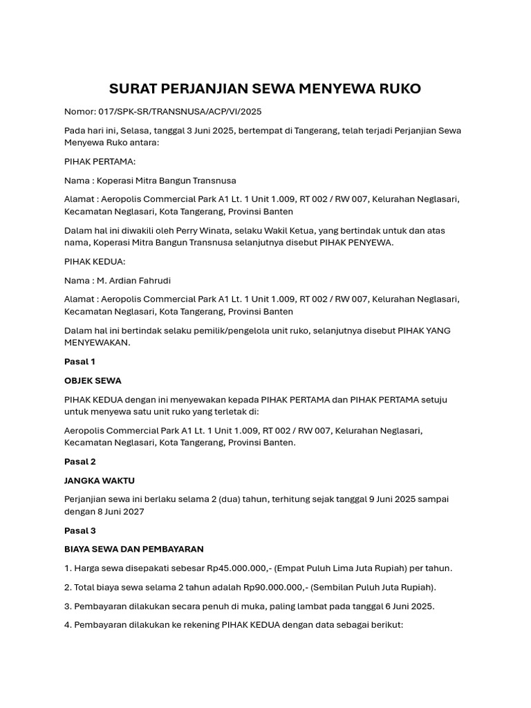 Surat Perjanjian Sewa Menyewa Ruko KMBT | PDF