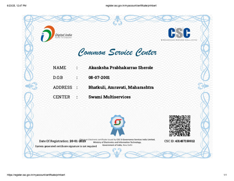 CSC Registration for Akanksha Sherole | PDF