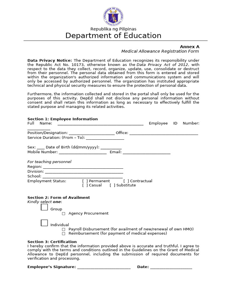 Annex A Medical Allowance Registration Form | PDF