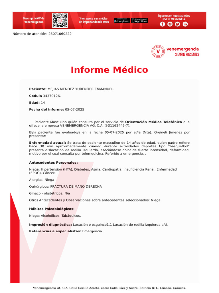 Informe Médico: Luxación de Rodilla | PDF