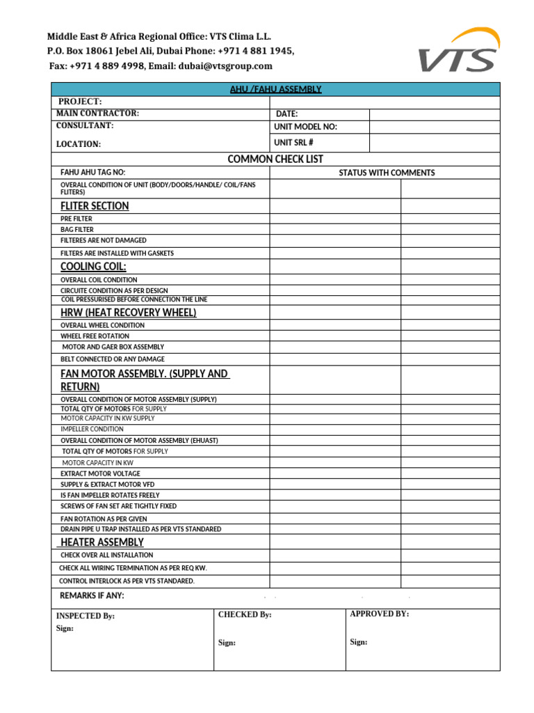 Ahu Fahu Assembly Check List | PDF