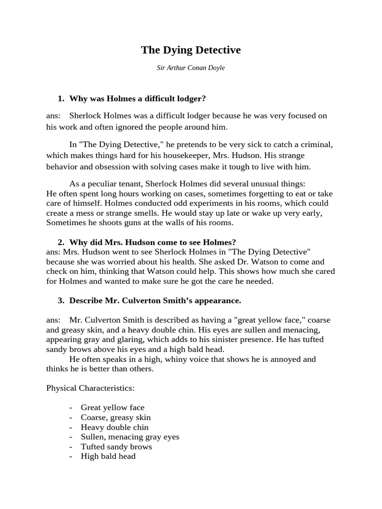 Holmes' Illness and Culverton Smith's Plot | PDF | Sherlock Holmes ...