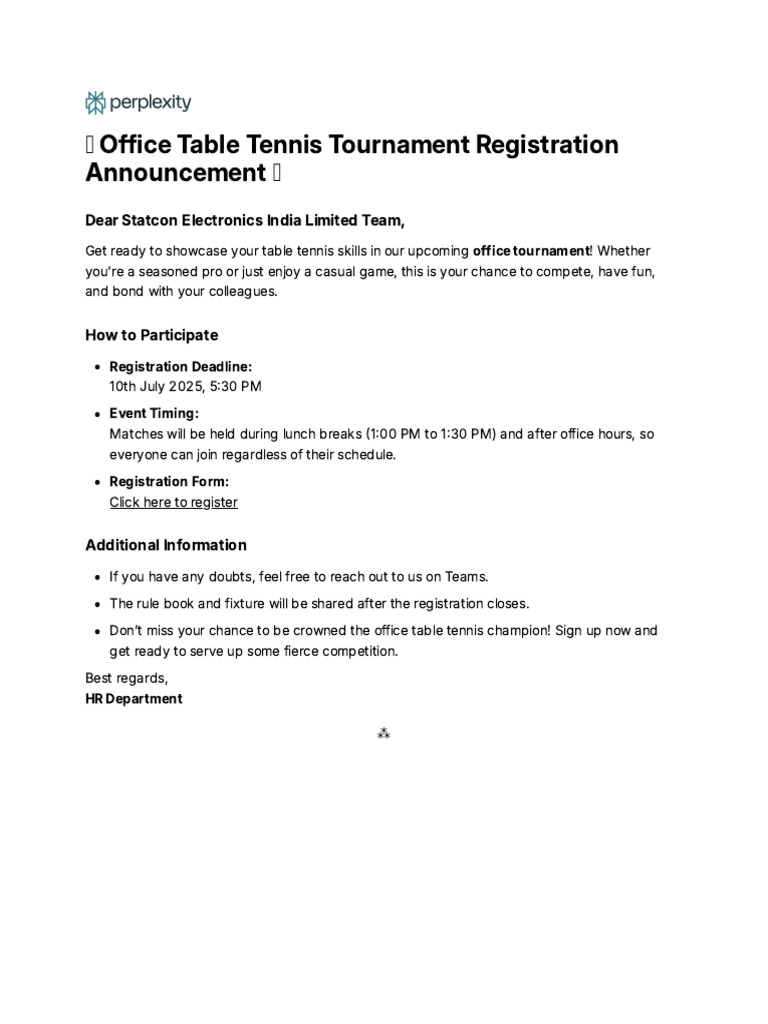 ? Office Table Tennis Tournament Registration Anno | PDF