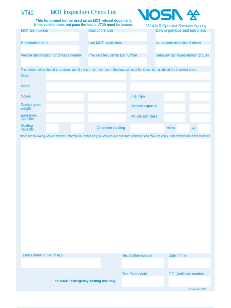 MOT Inspection Checklist (VT 40) | PDF | Automobile Layouts | Vehicle ...