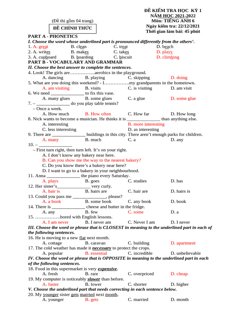 Đề Chính Thức - Kiểm Tra Hk1 Ta6 (2021-2022) | PDF