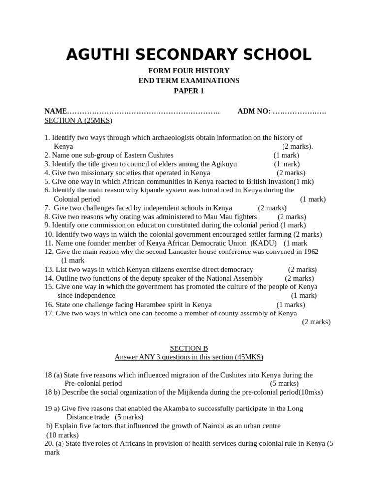 Hist p1 f4 QS | PDF | Kenya