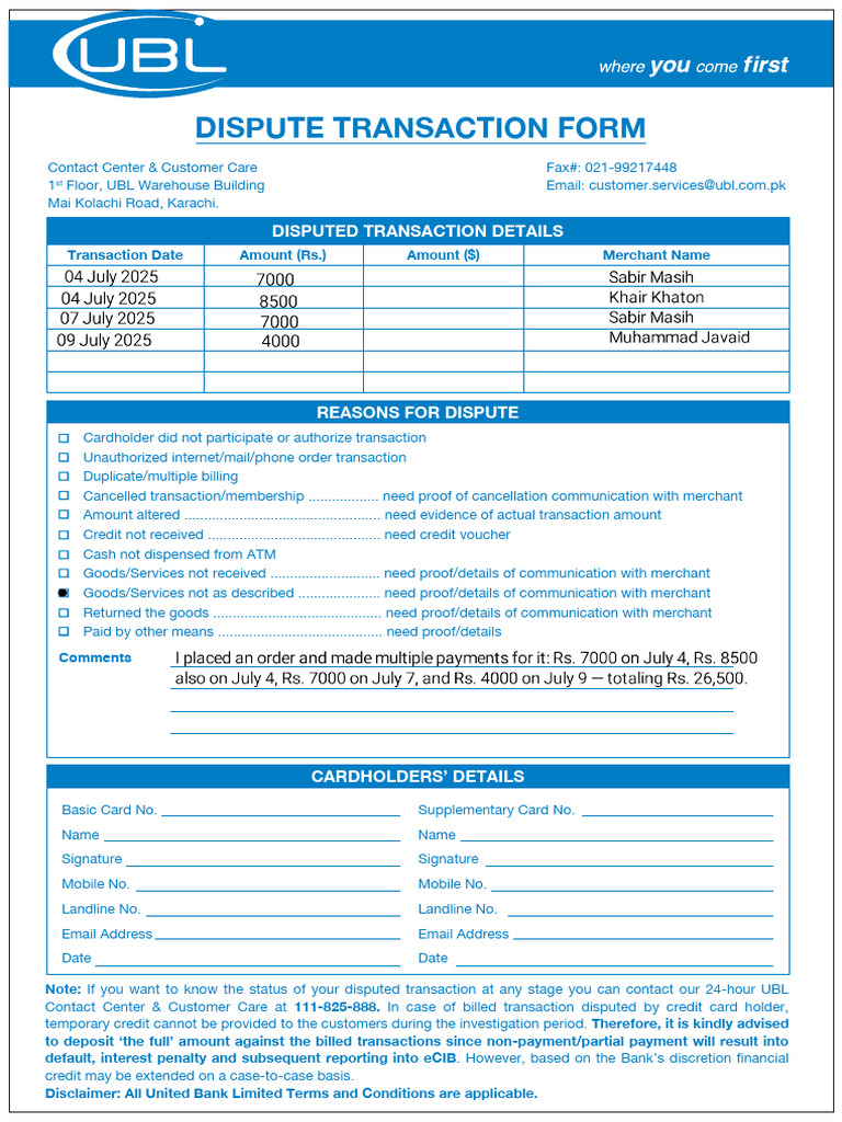 UBL Dispute Transaction Form Guide | PDF | Credit Card | Financial ...