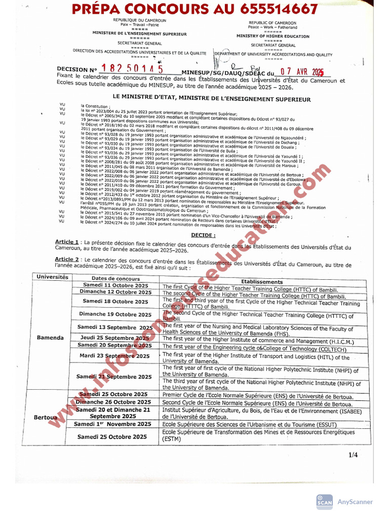 Calendrier Concours MINESUP 2025 | PDF