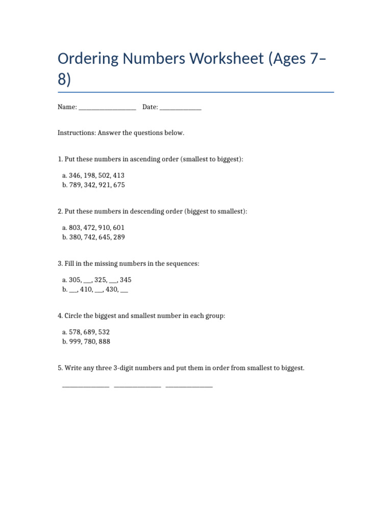 Ordering Numbers Worksheet Age7 8 | PDF