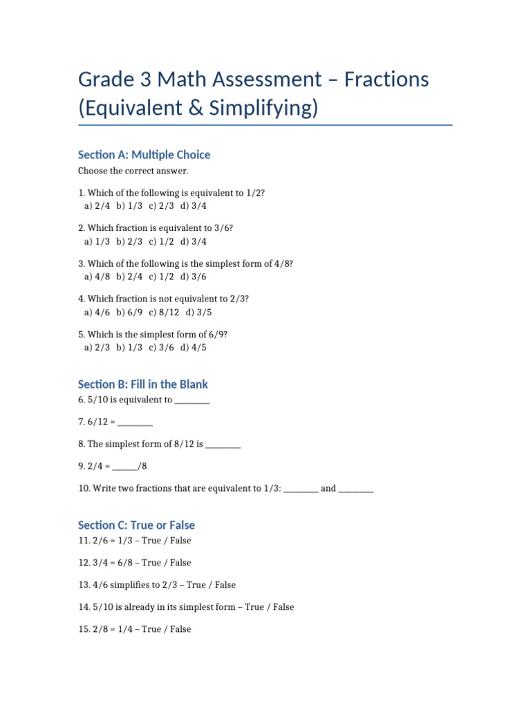 Grade 3 Fractions Assessment Test | PDF