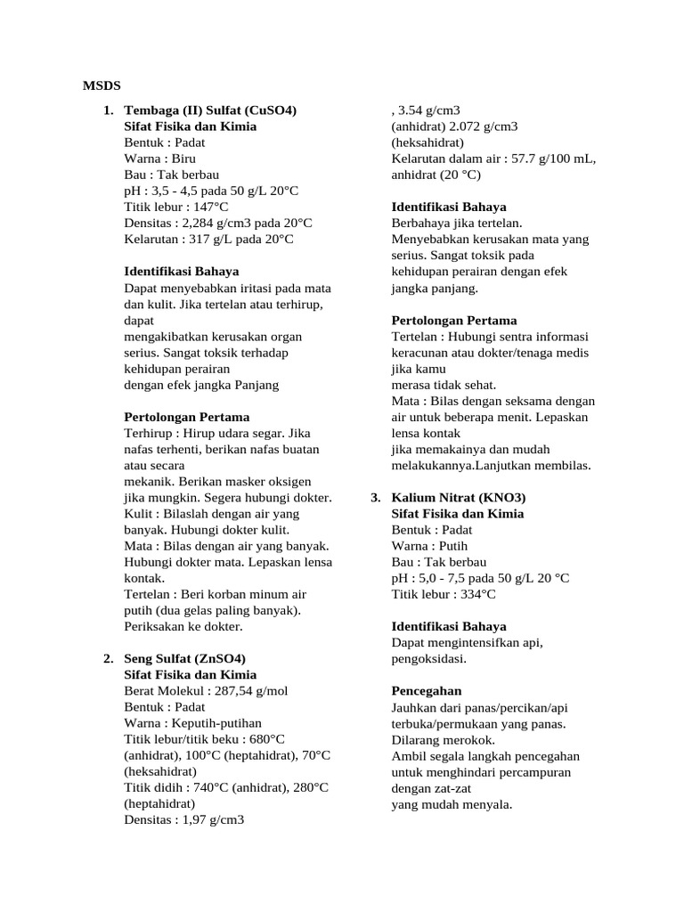 MSDS Tembaga, Seng, Kalium Nitrat | PDF