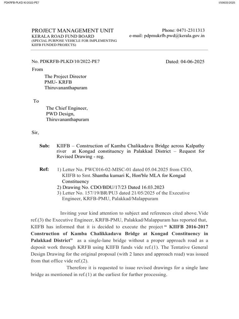 Kamba Chalikadavu Bridge - Letter To CE Design-Request For Revised ...
