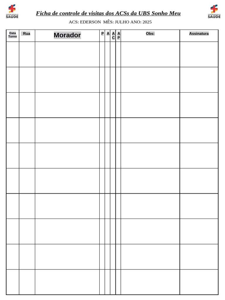 Ficha de Controle de Visitas ACS 2 | PDF