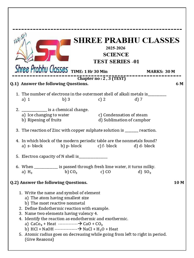 10th State Science Chapter 2, 3 Test | PDF | Chemical Reactions | Chemistry