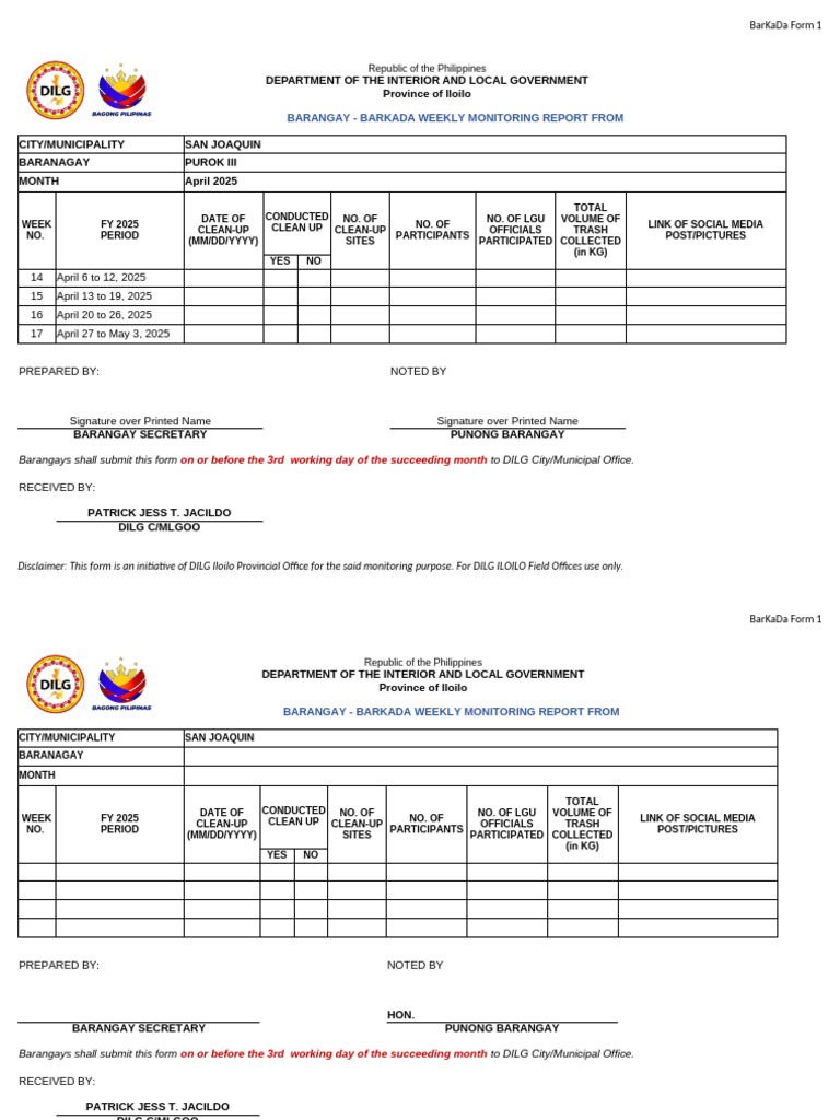Barangay Clean-Up Monitoring Report | PDF | Local Government | Economy ...
