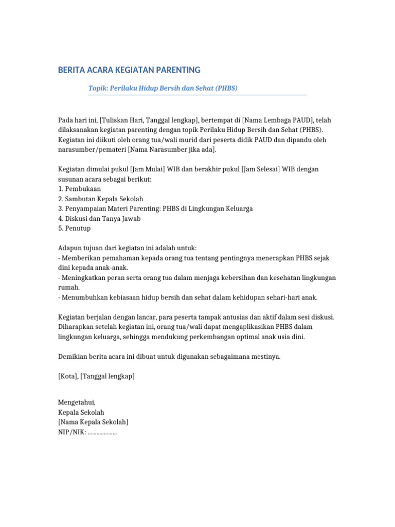 Berita Acara Parenting PHBS PAUD | PDF