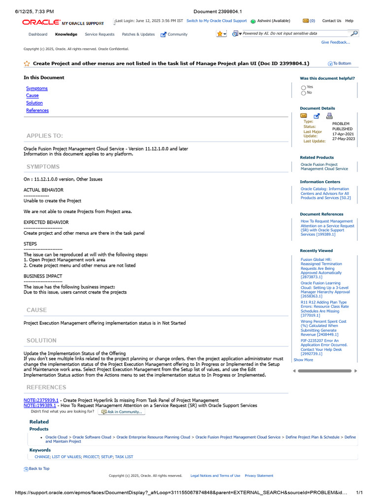 Document 2399804.1 - Create Project | PDF | Oracle Corporation | Cloud Computing