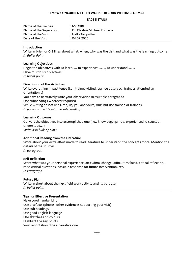 I MSW Concurrent Field Work - Report Writing Template-1 | PDF