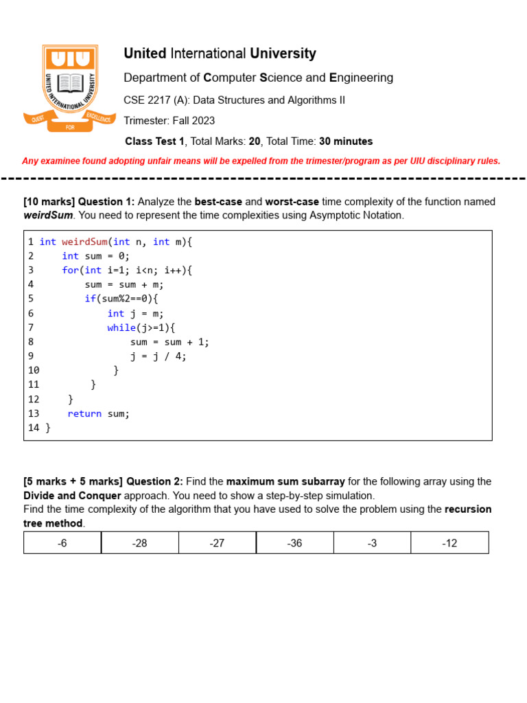 CSE 2217 (A) - Class Test 1 - Fall 2023 | PDF