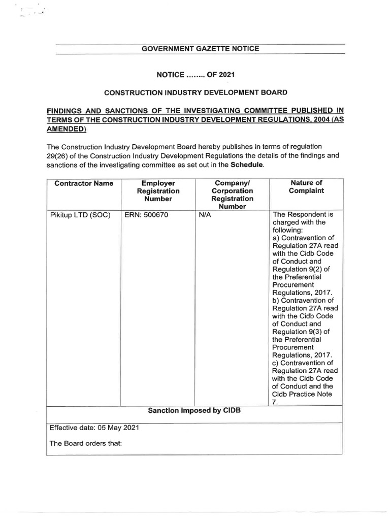 Government Gazette Notice 2021 Findings Sanctions | PDF