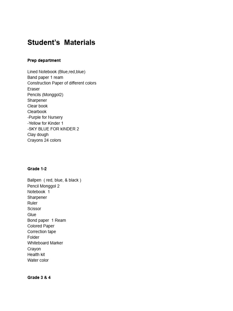 Student Materials by Grade Level | PDF