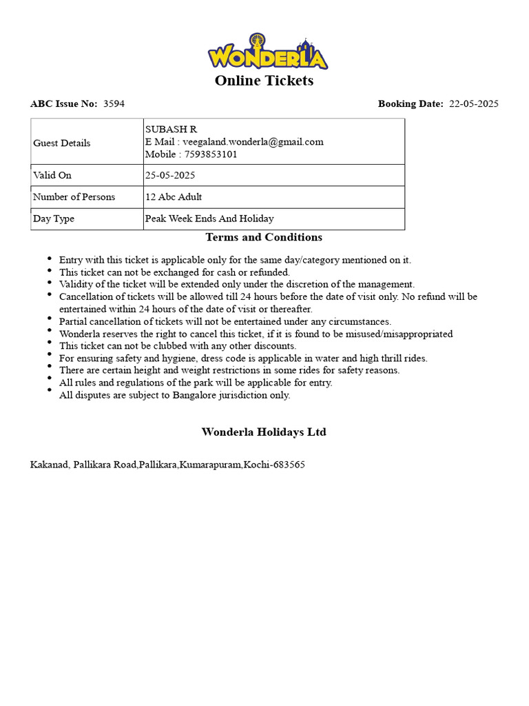 Wonderla Tickets | PDF | Justice | Crime & Violence