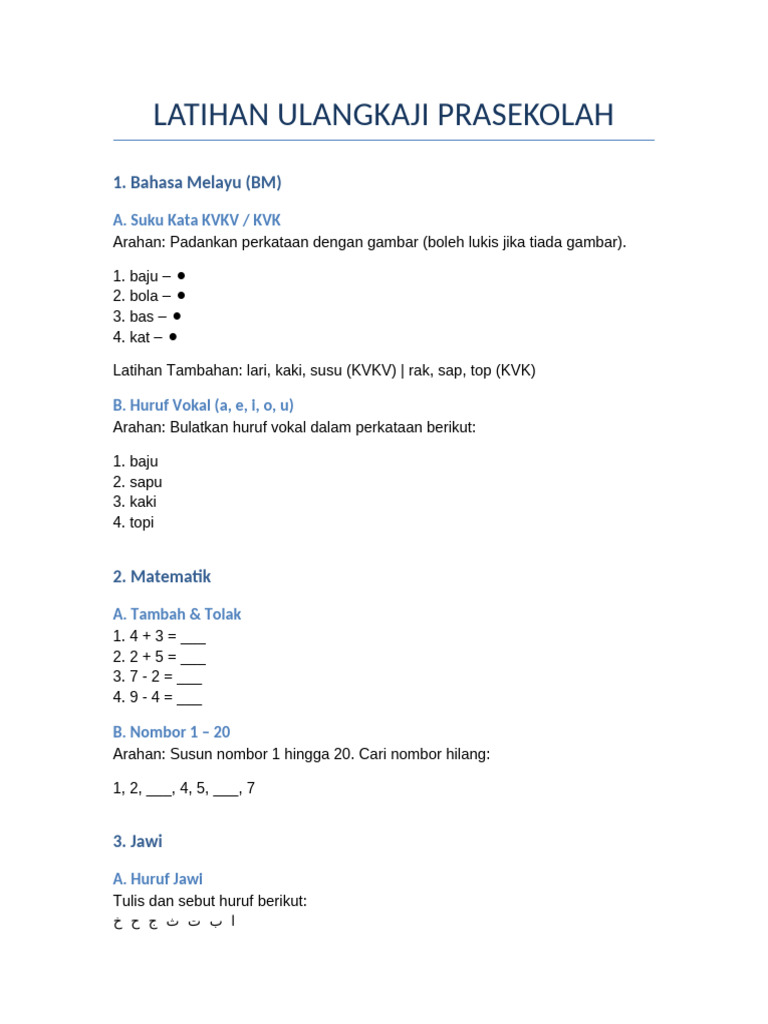 Latihan Ulangkaji Prasekolah | PDF