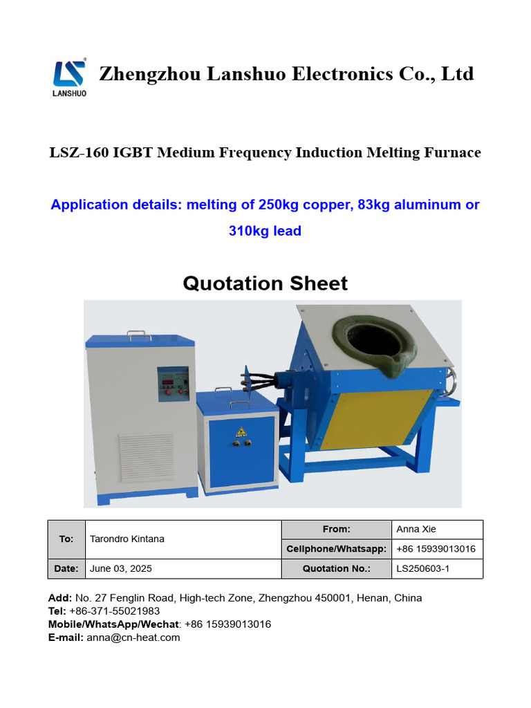 Quotation, 250kg Copper Capacity, LSZ-160 Induction Melting Furnace ...