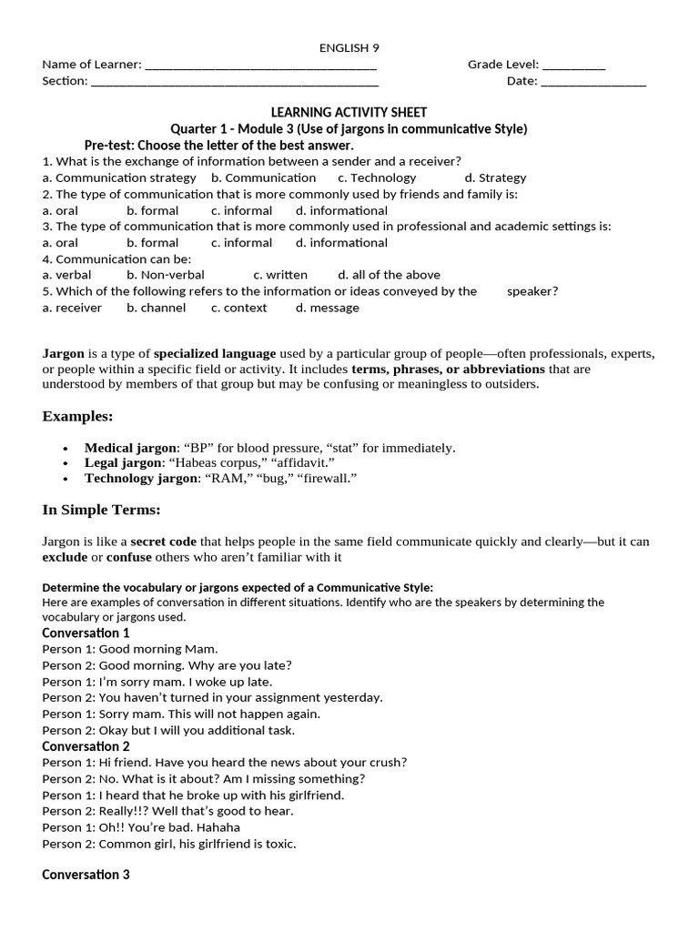 ENGLISH 9 Activity Sheet Module 4 | PDF | Communication | Jargon
