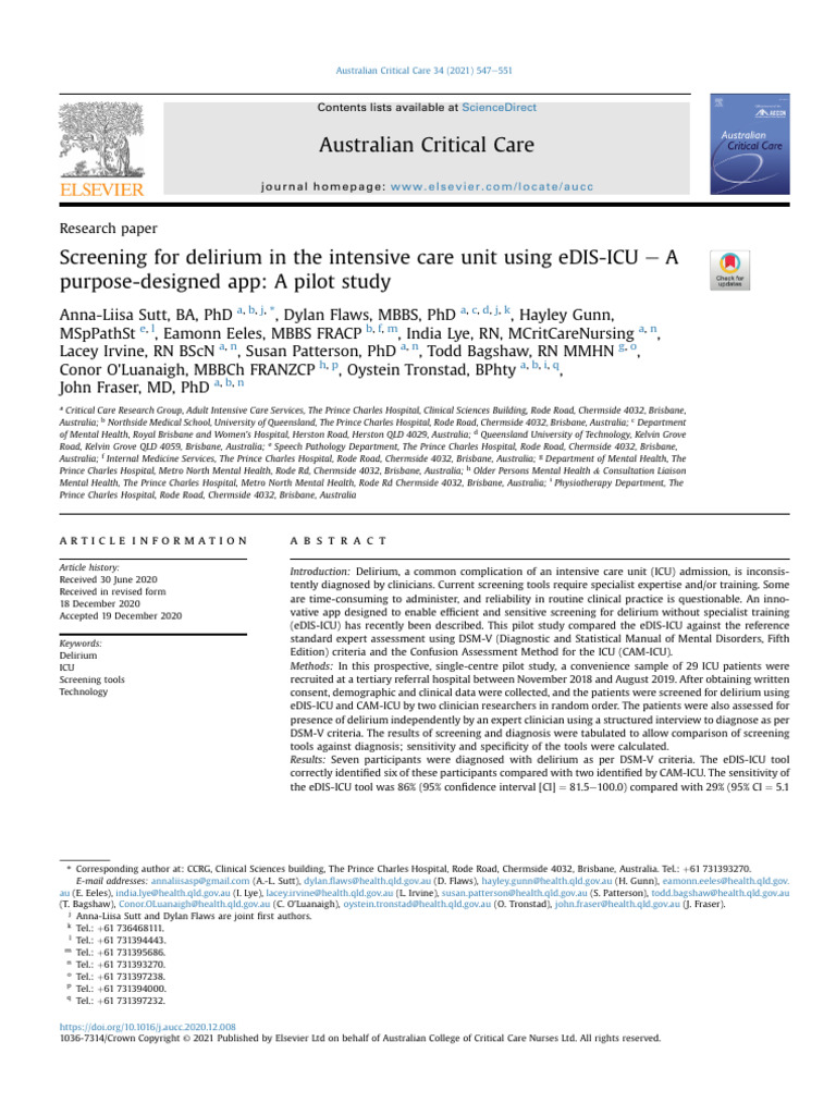 Delirium Screening in ICU: eDIS-ICU App Study | PDF | Dsm 5 | Medical ...