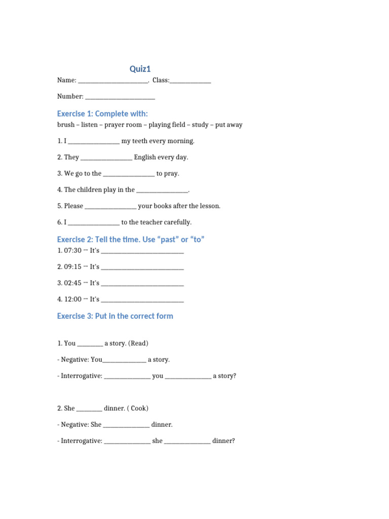 ESL Quiz: Vocabulary and Time Exercises | PDF
