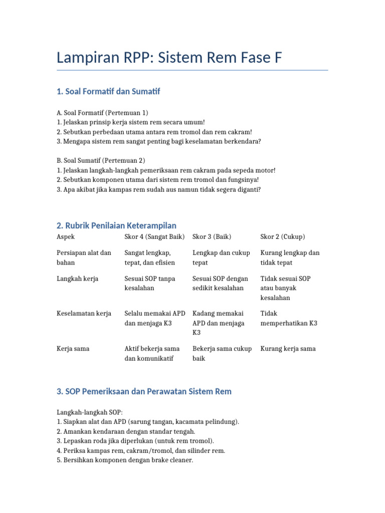 Lampiran RPP Sistem Rem | PDF
