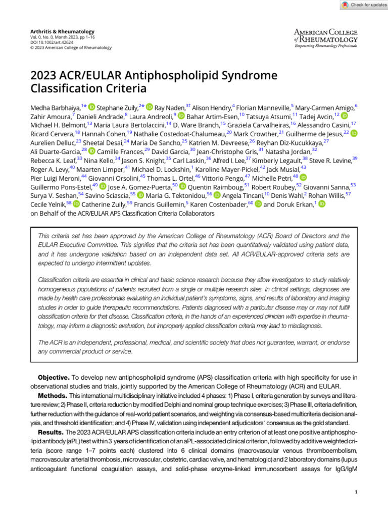 2023 ACR/EULAR APS Classification Criteria | PDF | Blood Pressure ...
