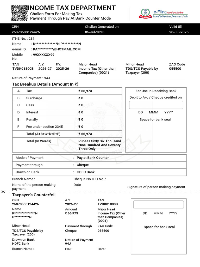 TDS Payment via HDFC Bank Cheque | PDF | Cheque | Payments
