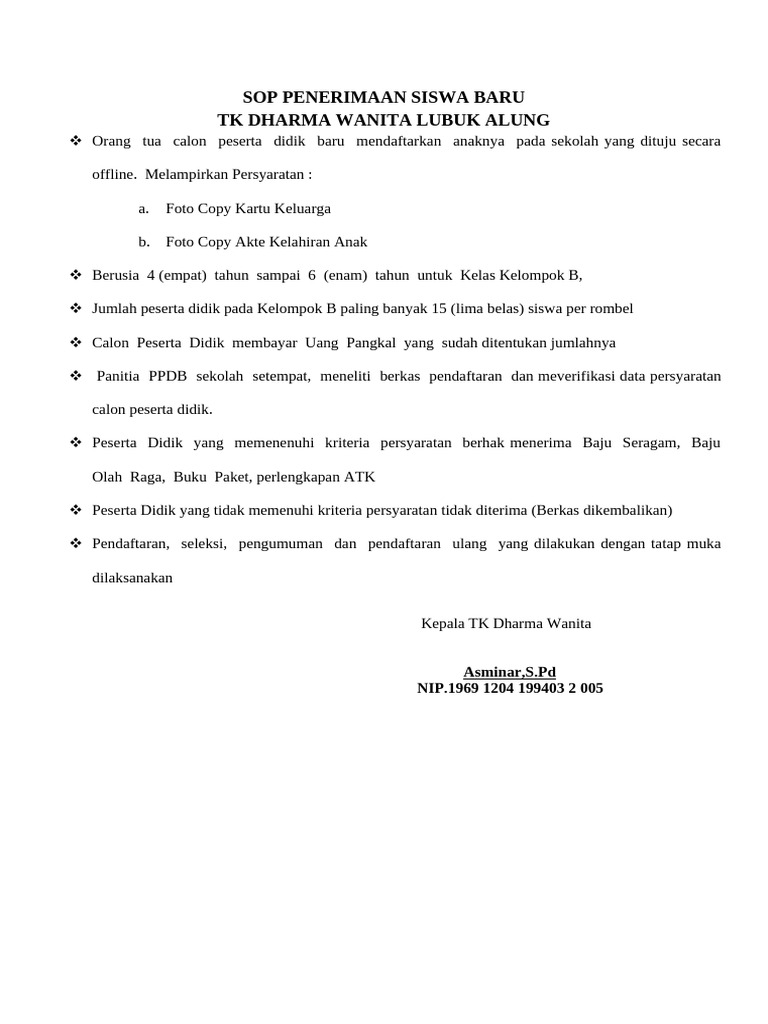 SOP Penerimaan Siswa Baru TK Dharma Wanita | PDF