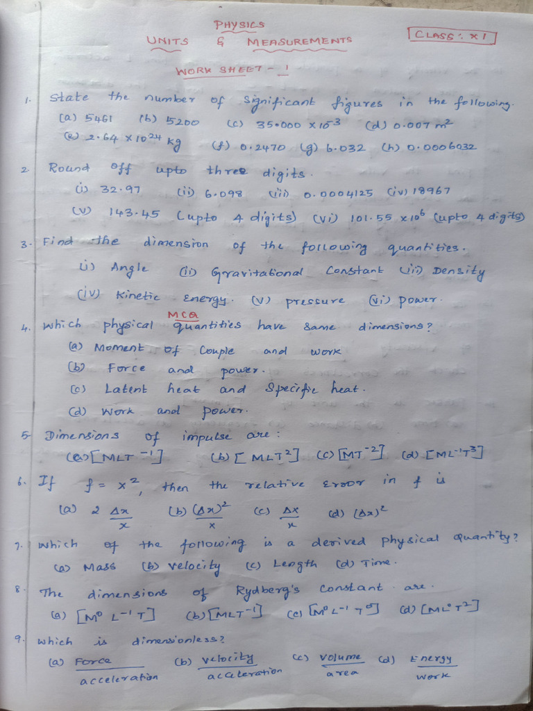 Units And Measurement Work Sheet Pdf Physical Quantities