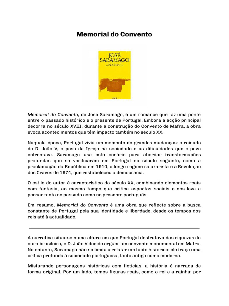 Memorial do Convento: Crítica e História Portuguesa | PDF
