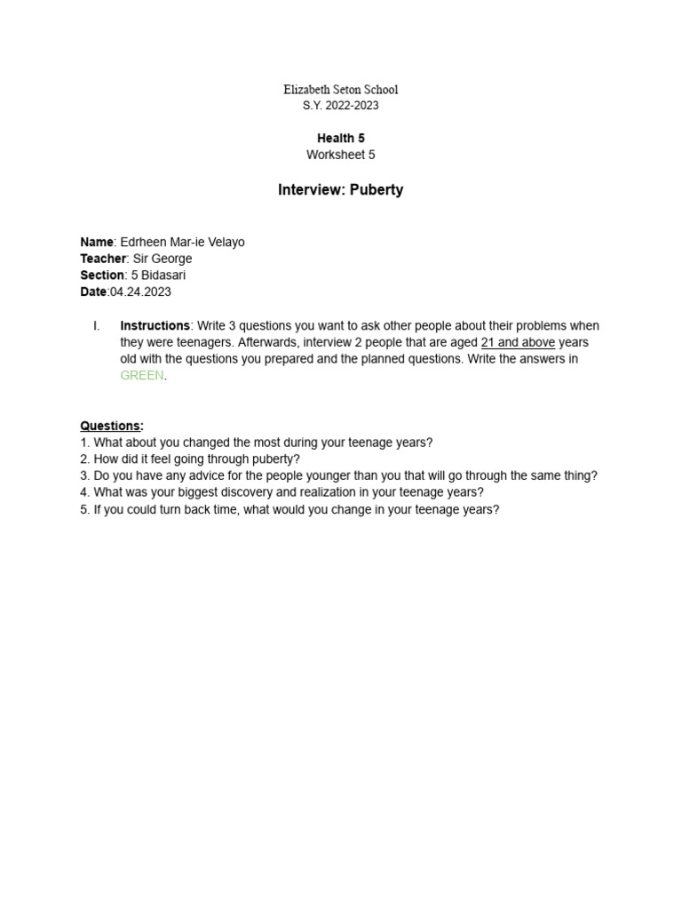 Worksheet 5 - Interview - Puberty | PDF